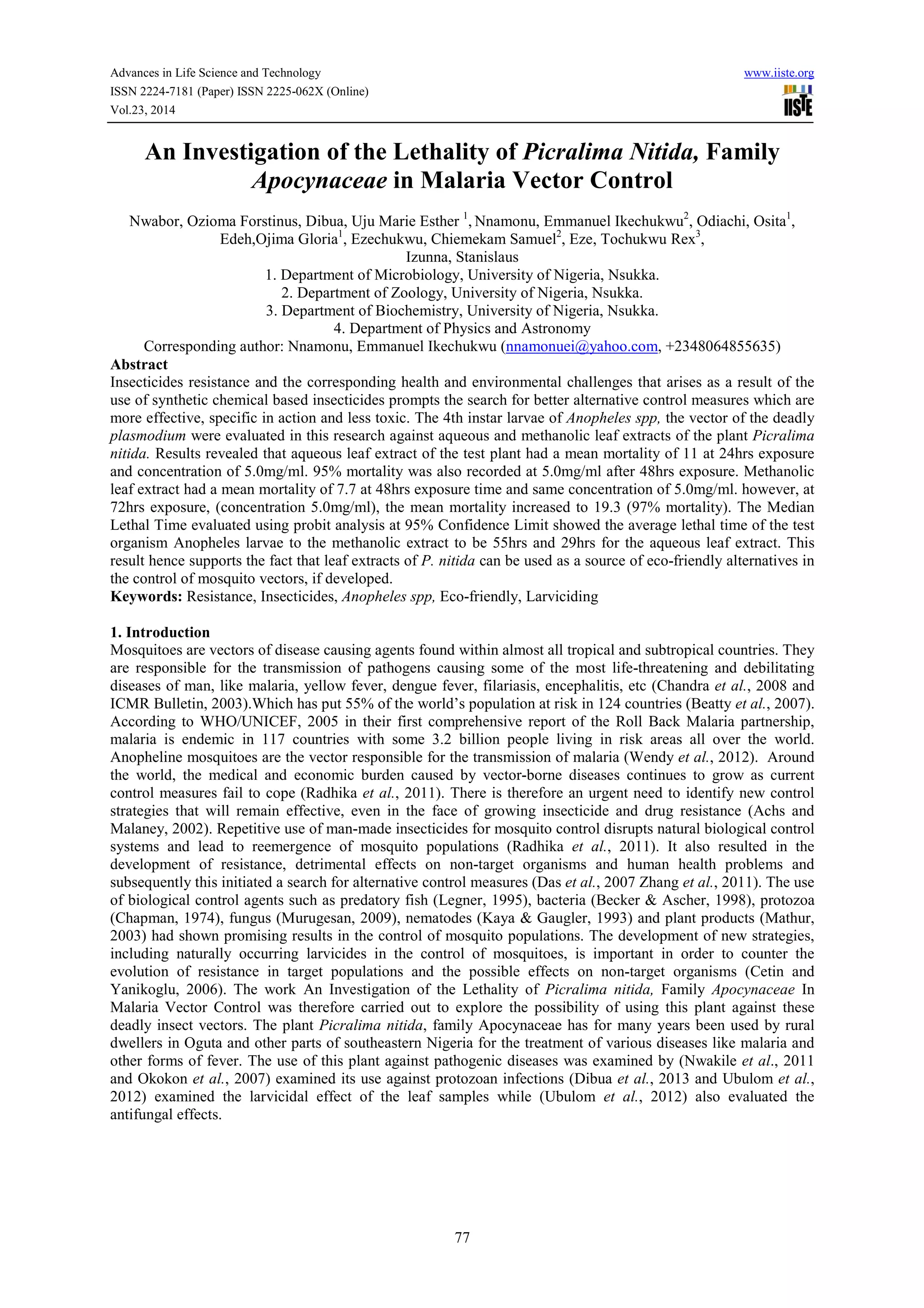 An investigation of the lethality of picralima nitida, family apocynaceae in malaria vector ...