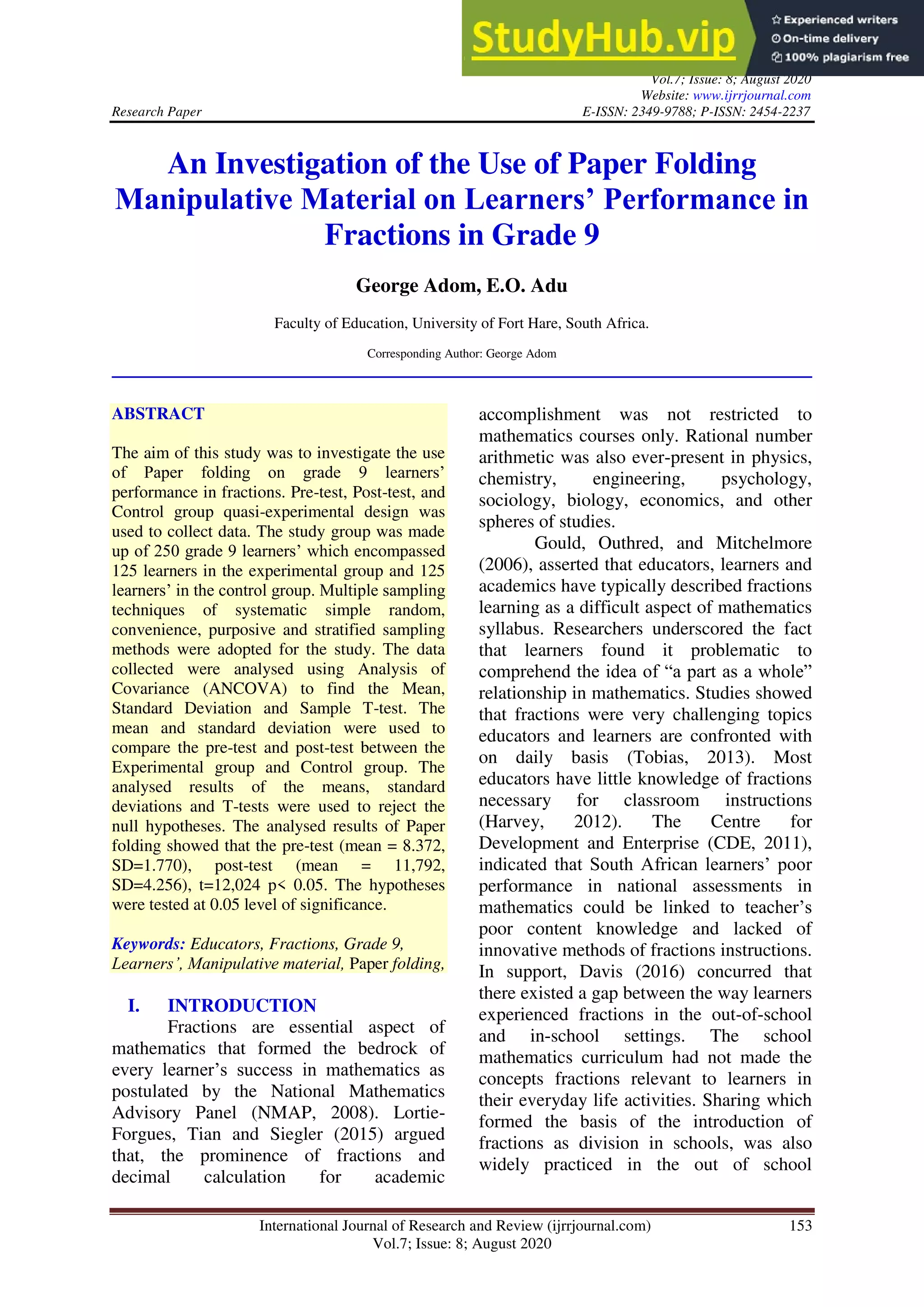 An Investigation Of The Use Of Paper Folding Manipulative Material On Learners Performance In ...