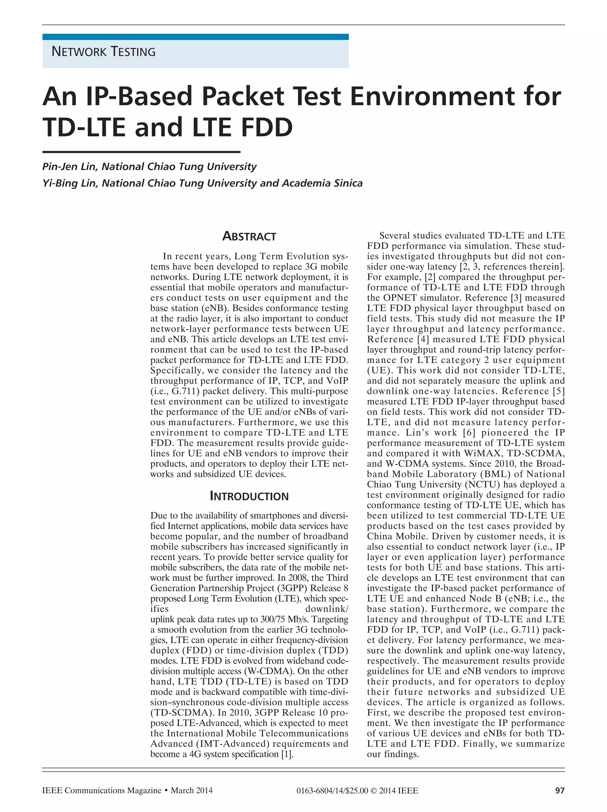 An IP based packet test environment for LTE-TDD and LTE-FDD | PDF
