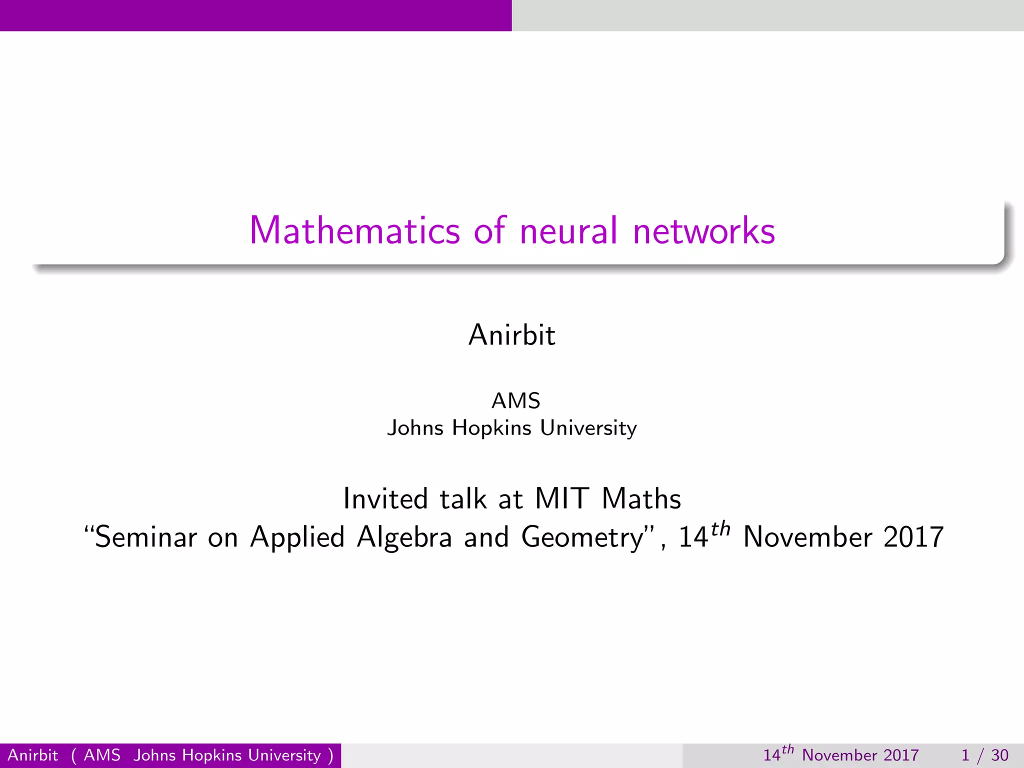 Talk at MIT, Maths on deep neural networks | PPT