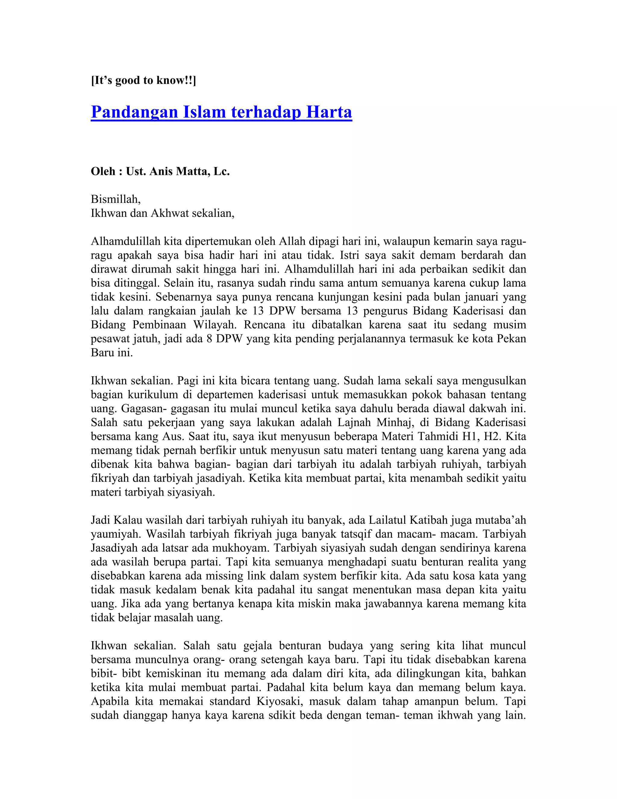 Anis Matta[Pandangan Islam Terhadap Harta] | PPT