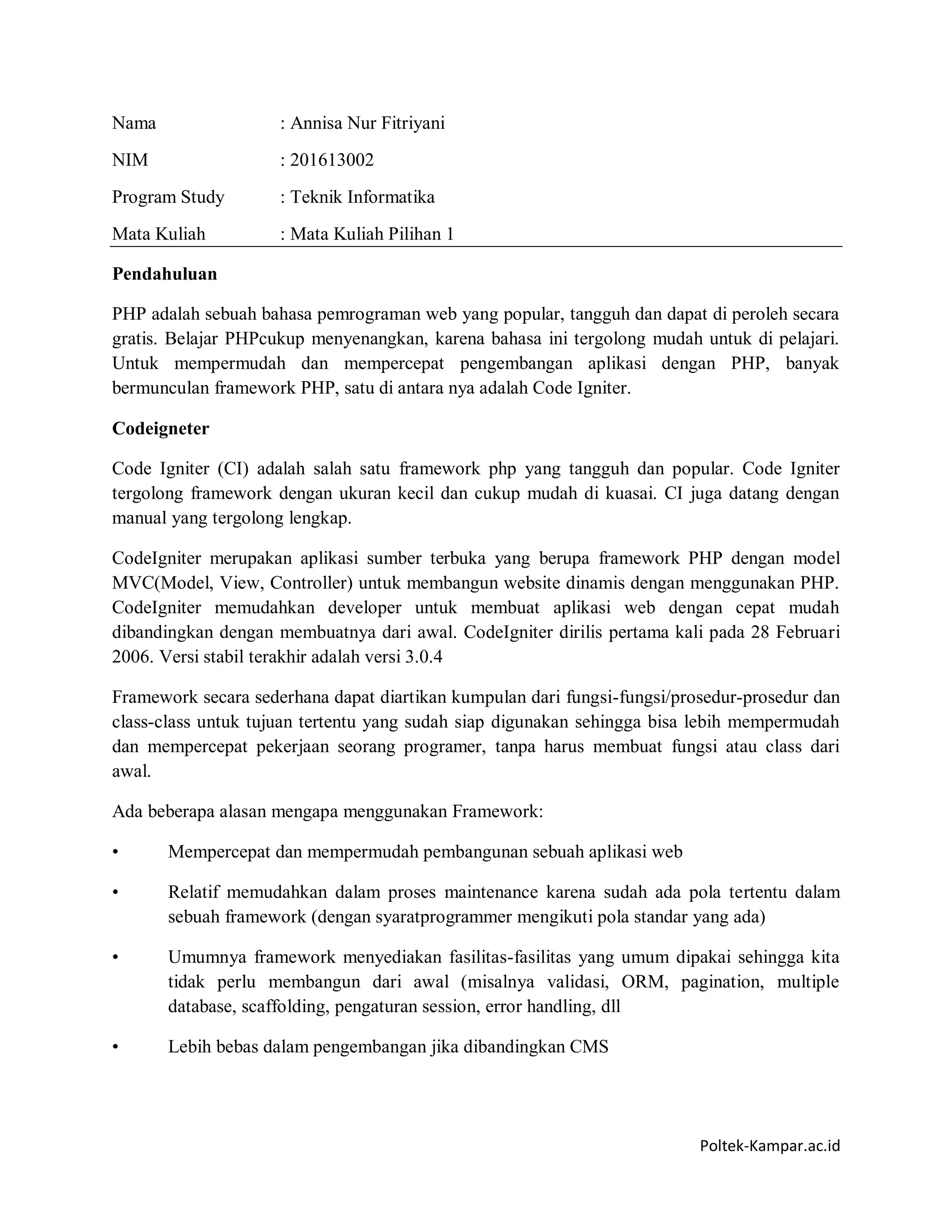 Codeigneter | Annisa Nur Fitriyani | PDF