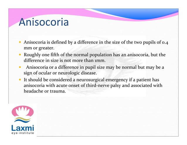 Anisocoria (unequal pupil size) pupil pathway disorder | PPT