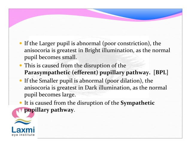 Anisocoria (unequal pupil size) pupil pathway disorder | PPT