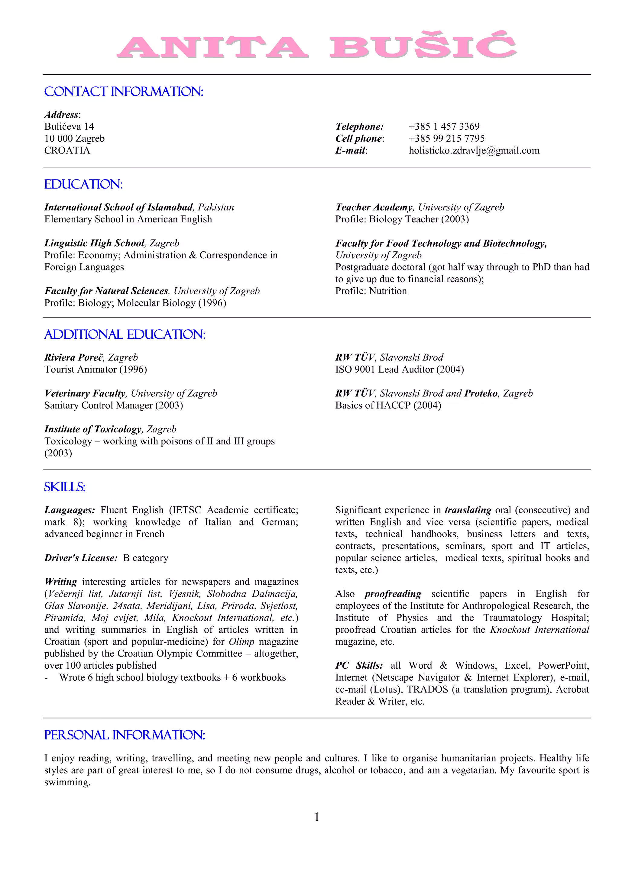 Anita Busic Cv Eng 2012 | PDF