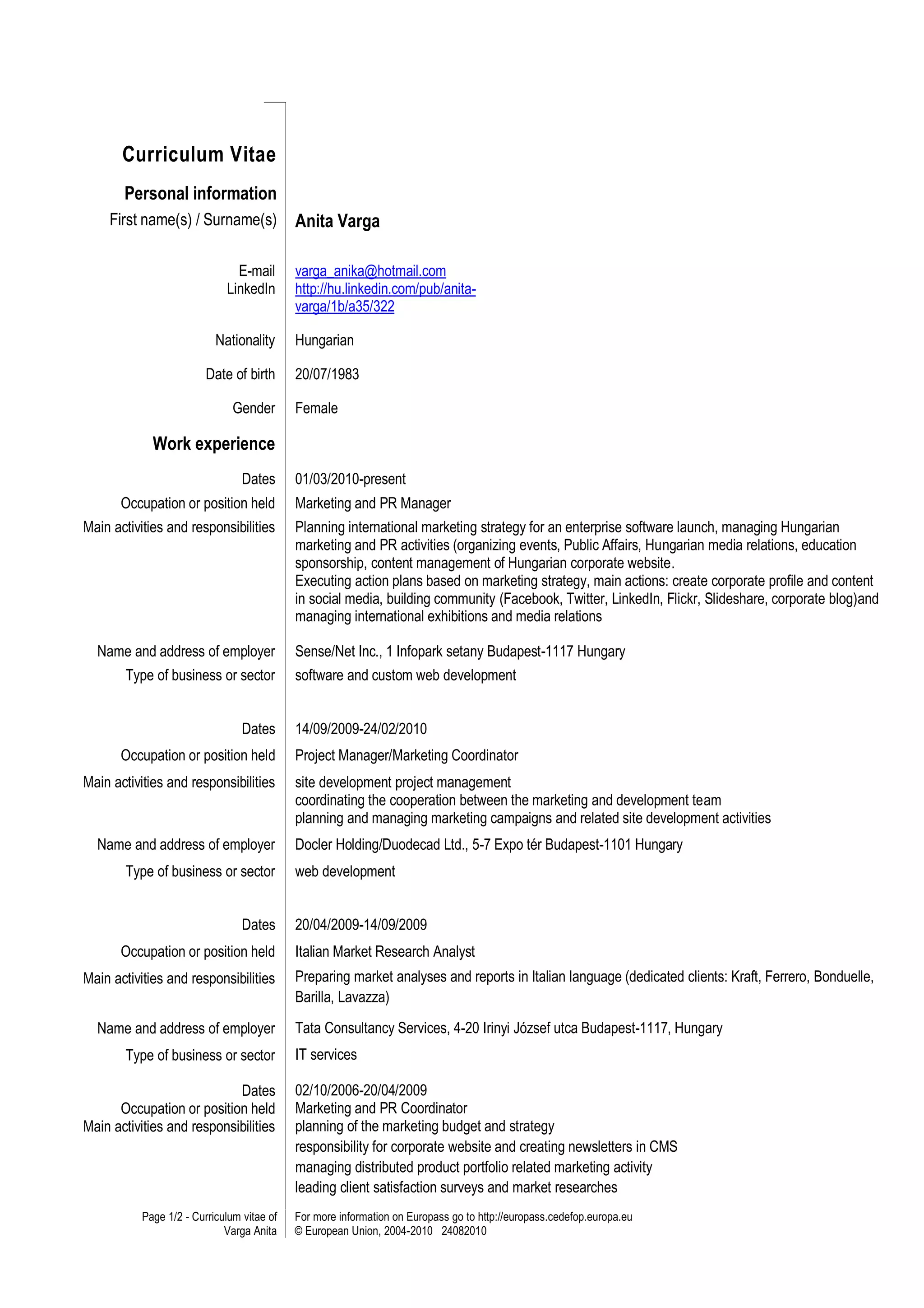 Anita varga europass cv | PDF | Business Administration | Business