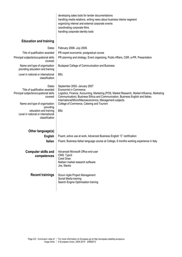 Anita varga europass cv | PDF | Business Administration | Business