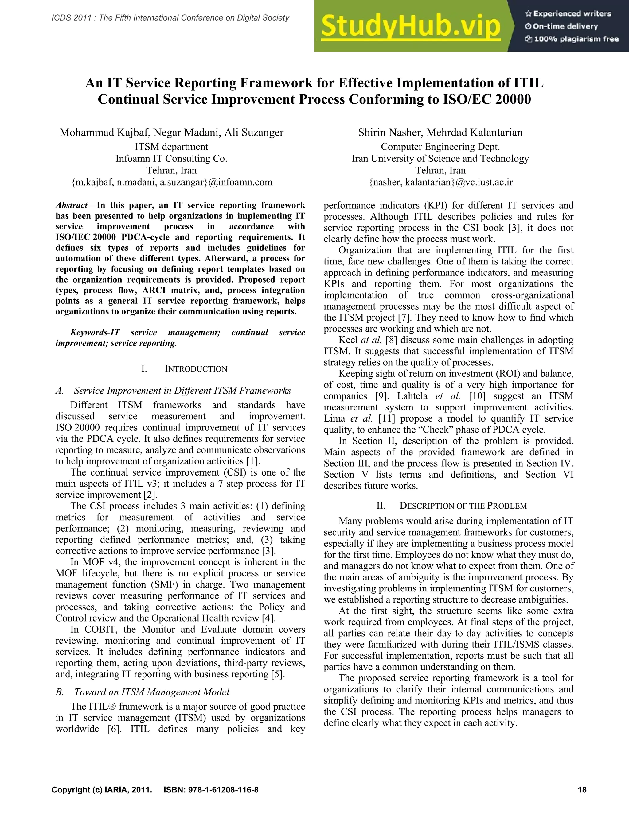 An IT Service Reporting Framework for Effective Implementation of ITIL Continual Service ...