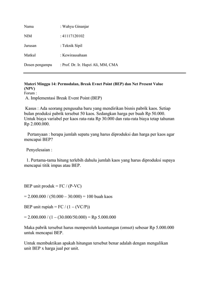 Materi Minggu 14: Permodalan, Break Evnet Point (BEP) dan Net Present Value (NPV) | PDF