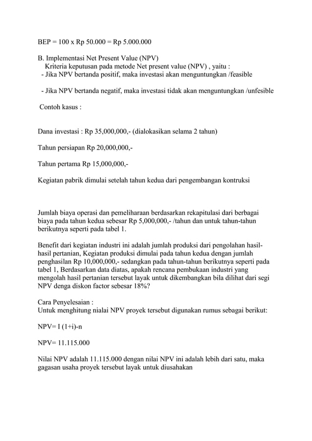 Materi Minggu 14: Permodalan, Break Evnet Point (BEP) dan Net Present Value (NPV) | PDF