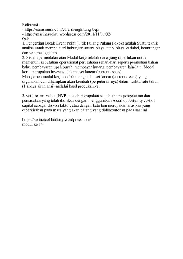 Materi Minggu 14: Permodalan, Break Evnet Point (BEP) dan Net Present Value (NPV) | PDF