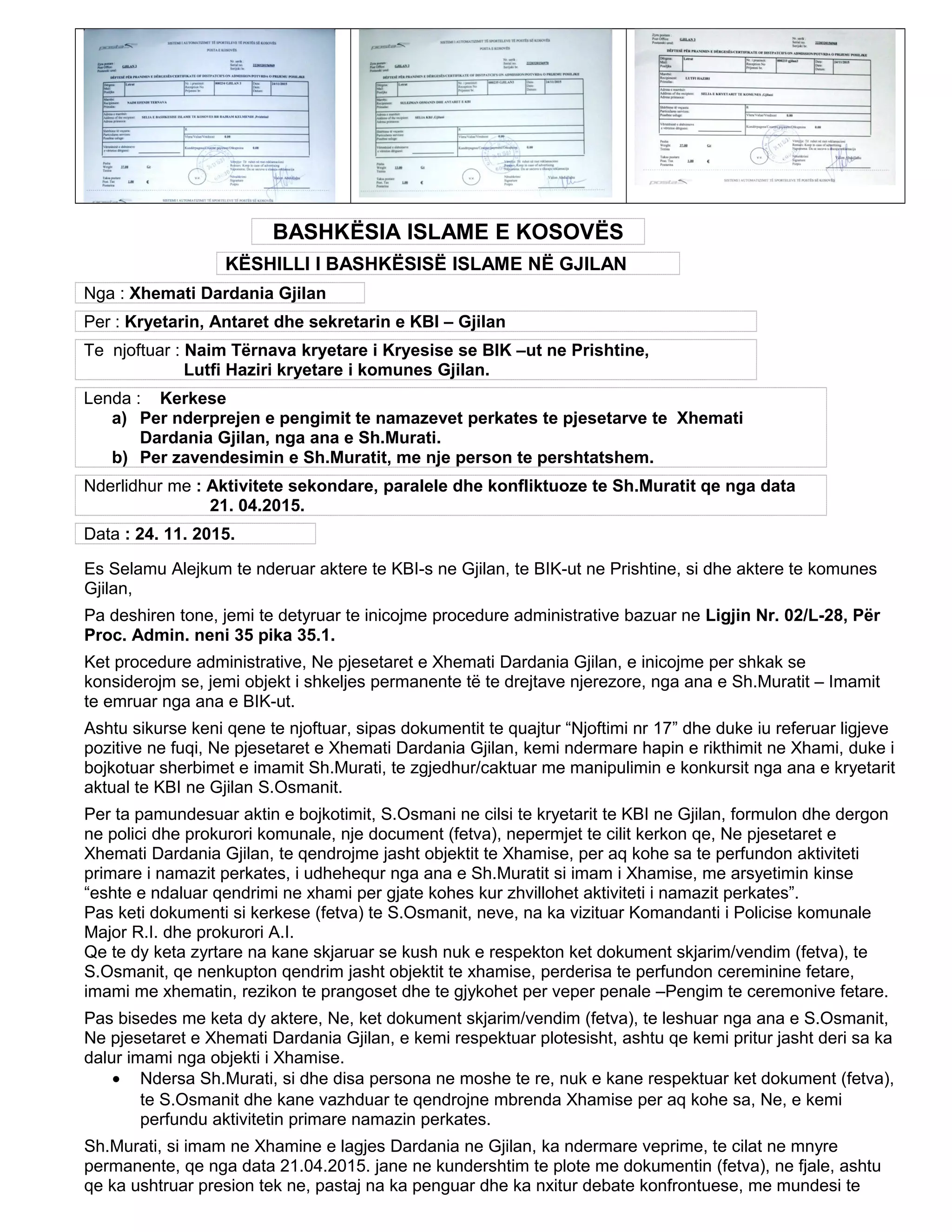 Ankesa drejtuar ne KBI lidhur me pengesat e sh.muratit | DOC