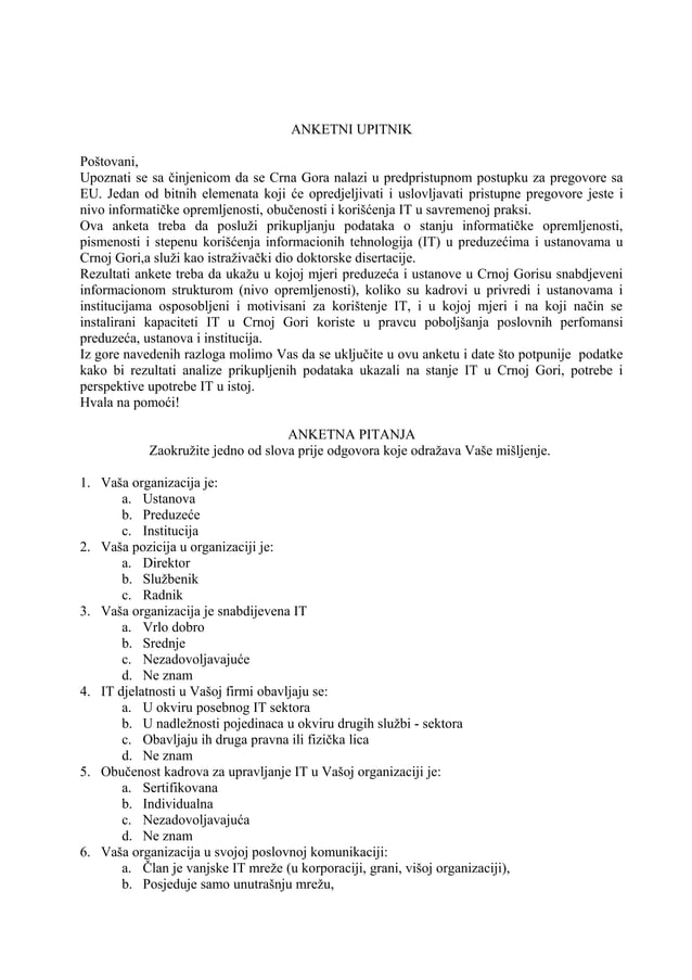 dr Mitar Lutovac Anketni upitnik | PDF