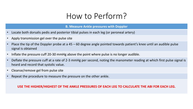 Ankle brachial pressure index (ABPI) | PPTX | Foot Health | Diseases ...