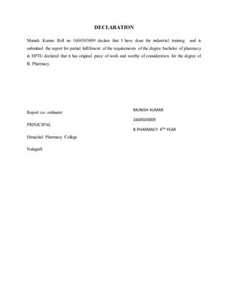 Industrial training report pharmaceutical companies | DOCX