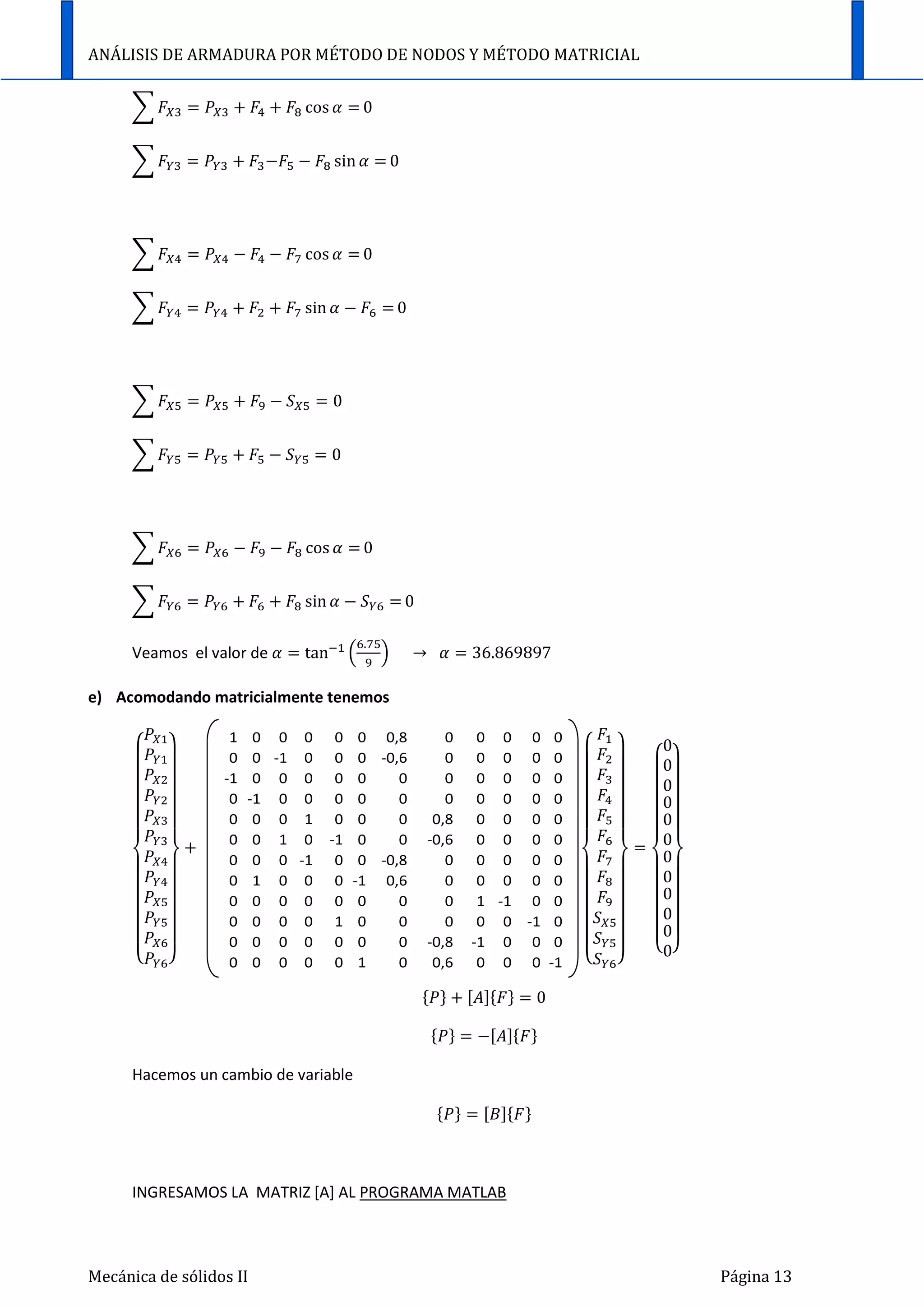 Análisis de armadura por método de nodos y método matricial | PDF