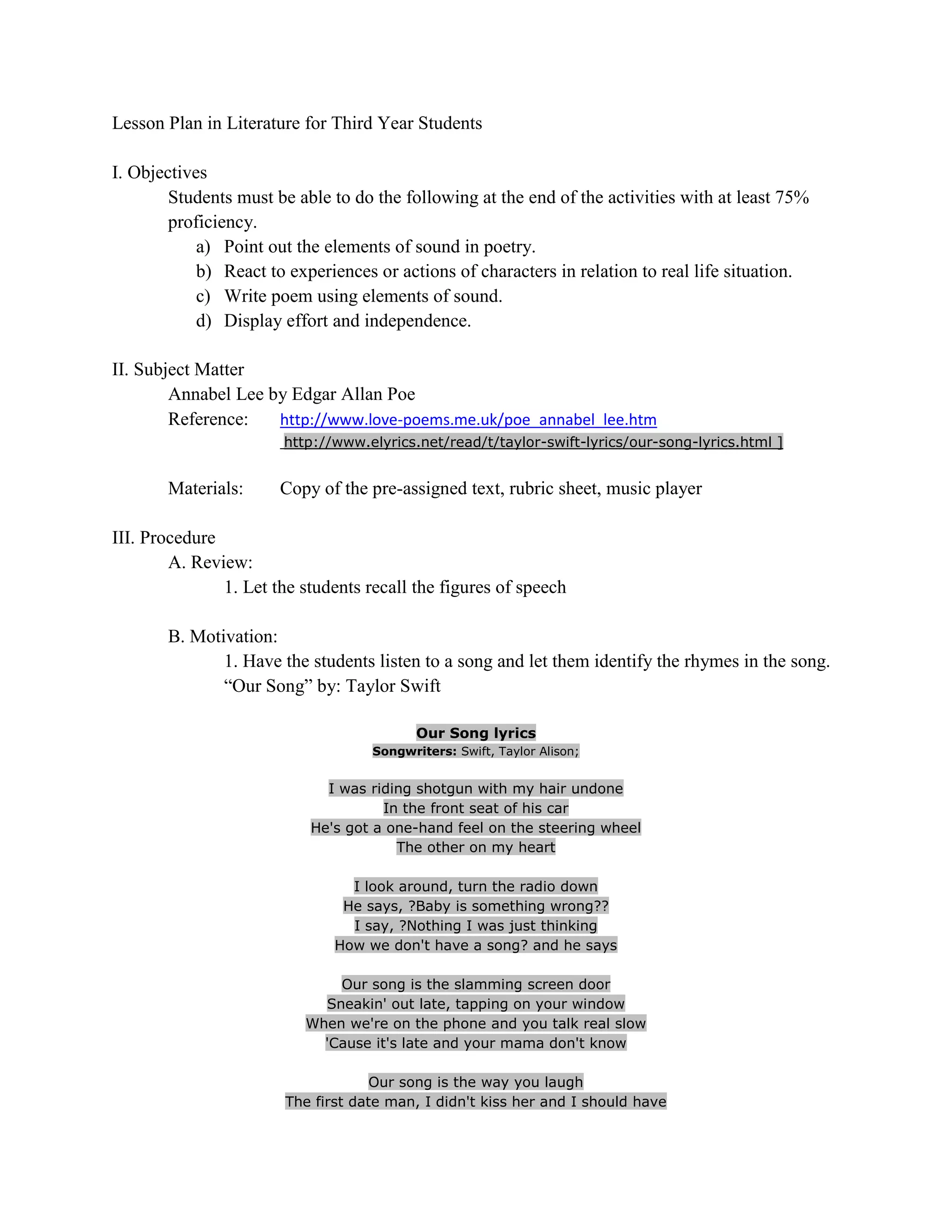 Lesson plan in Literature Annabel Lee | DOCX