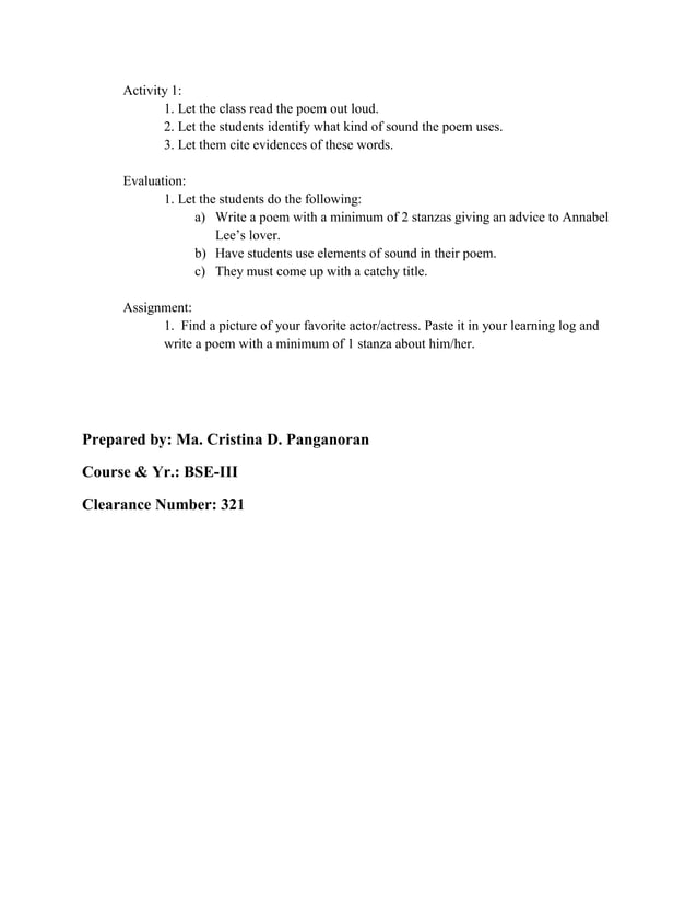 Lesson plan in Literature Annabel Lee | DOCX | Music | Entertainment