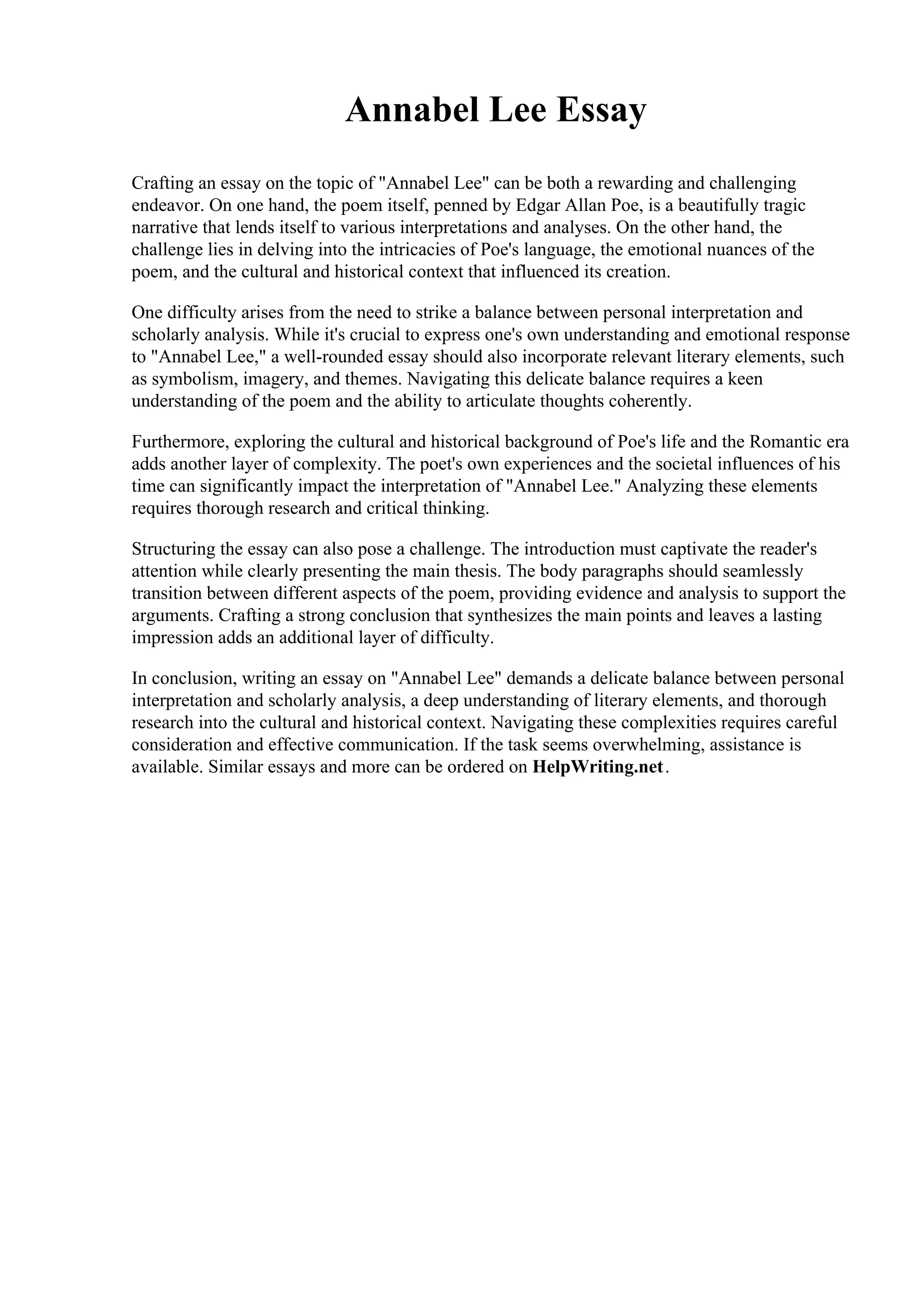 Annabel Lee Essay. Ohio Dominican University | PDF