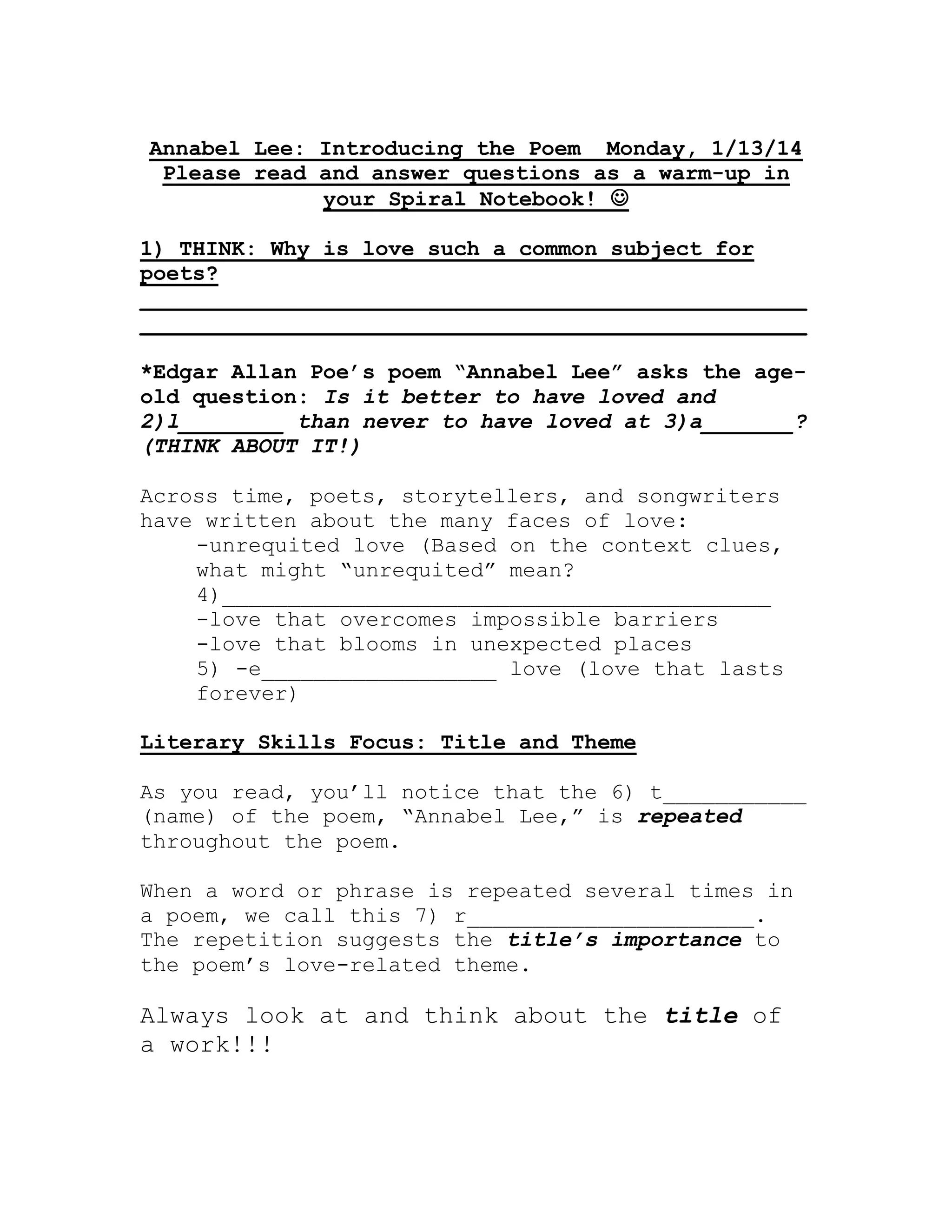 Annabel lee updated intro 2014 | DOCX | Poetry | Books and Literature