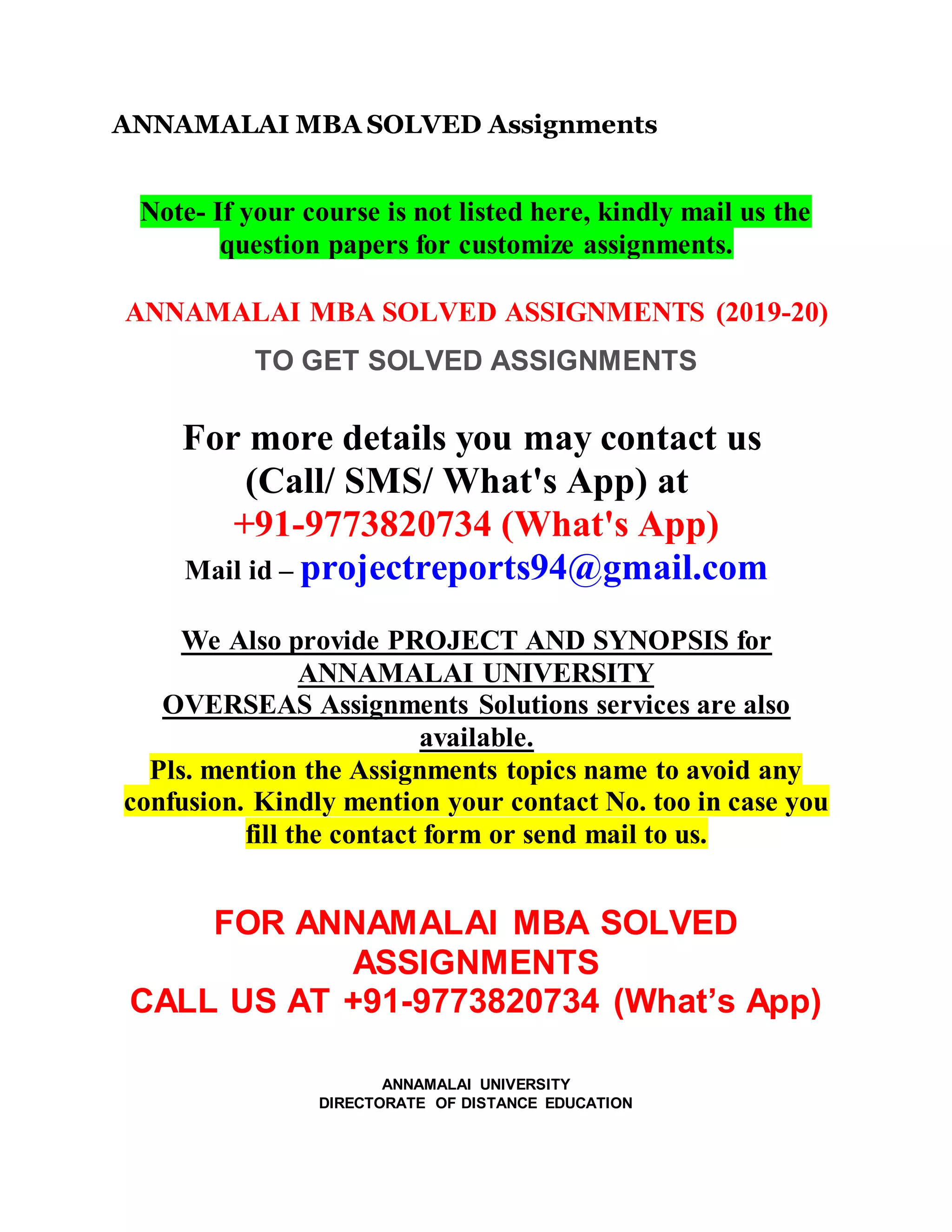 Annamalai mba solved assignments 2020 | PDF