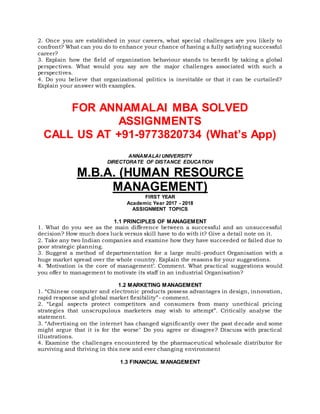 Annamalai mba solved assignments 2020 | PDF