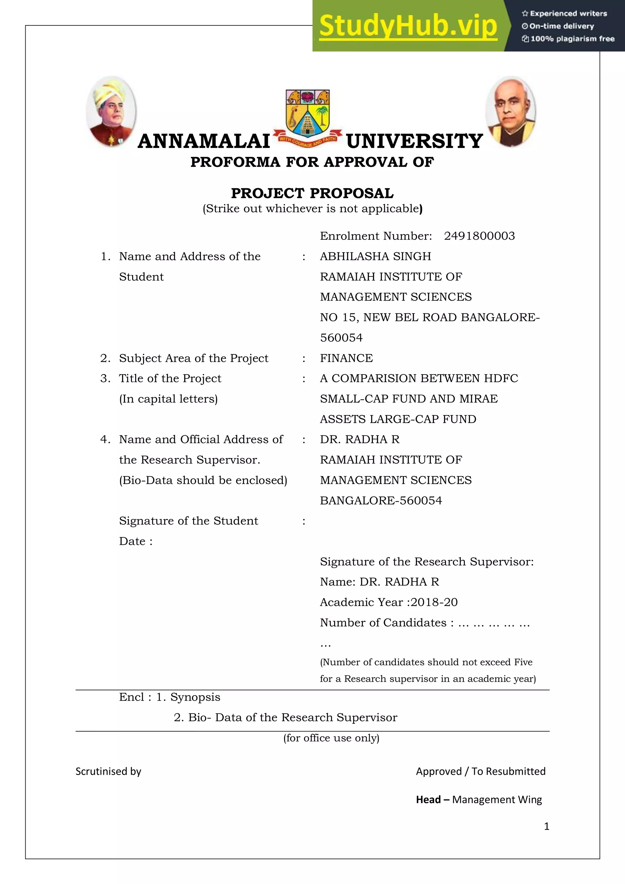 ANNAMALAI UNIVERSITY PROFORMA FOR APPROVAL OF PROJECT PROPOSAL | PDF