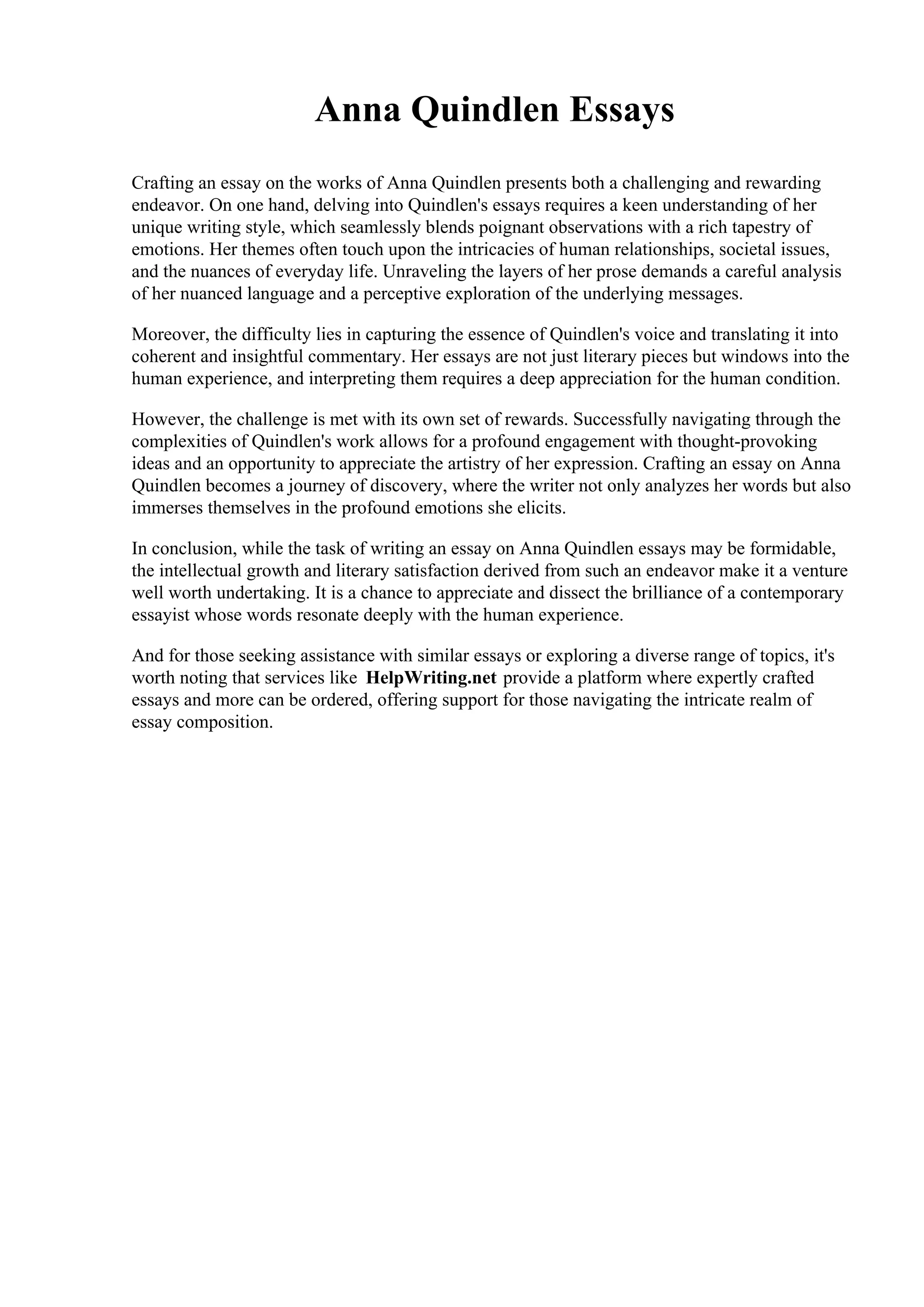 Anna Quindlen Essays. Bowie State University | PDF