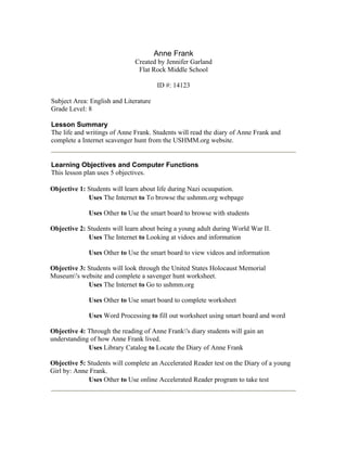 Anne Frank Lesson Plan | DOC