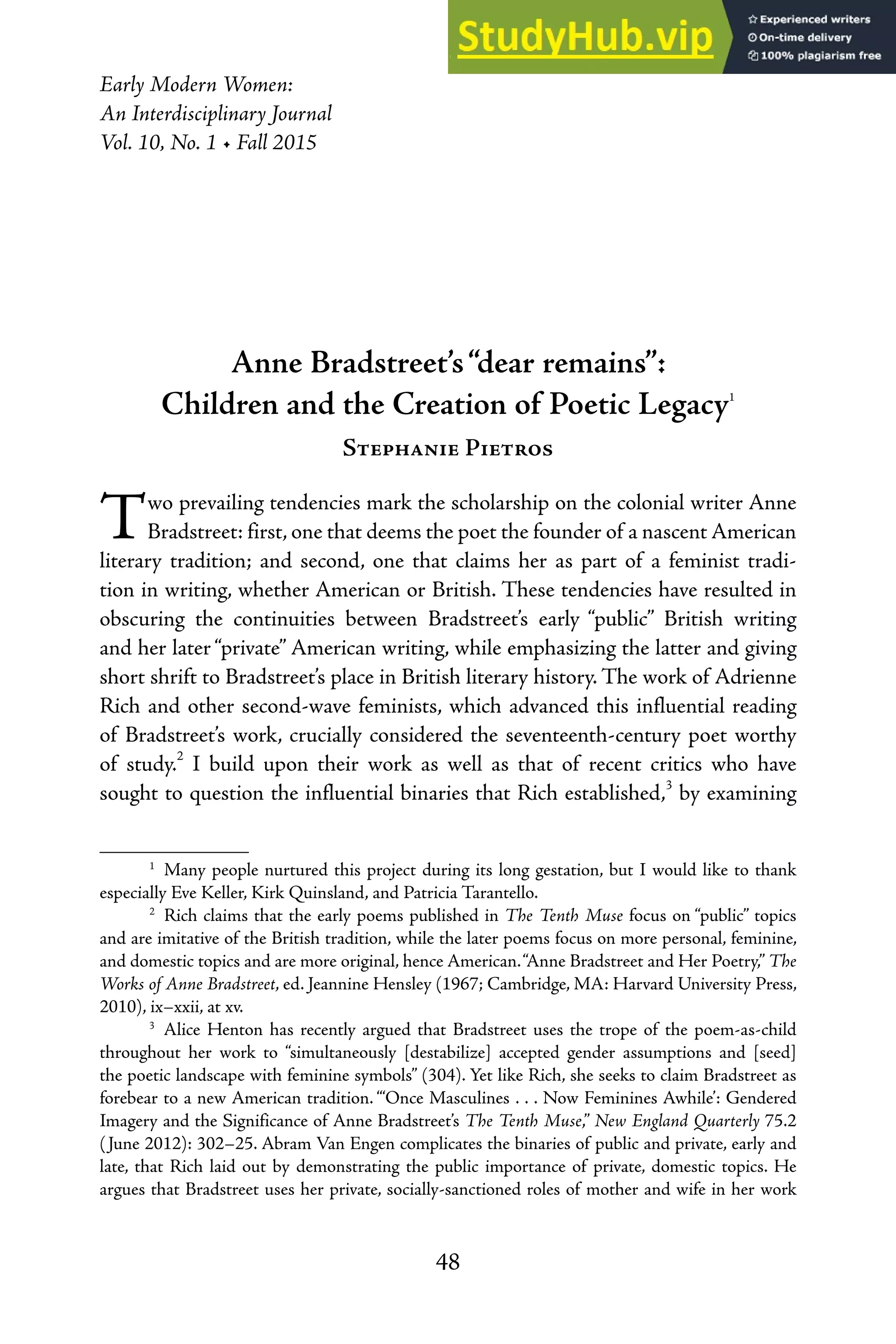 Anne Bradstreet S Quot Dear Remains Quot Children And The Creation Of ...