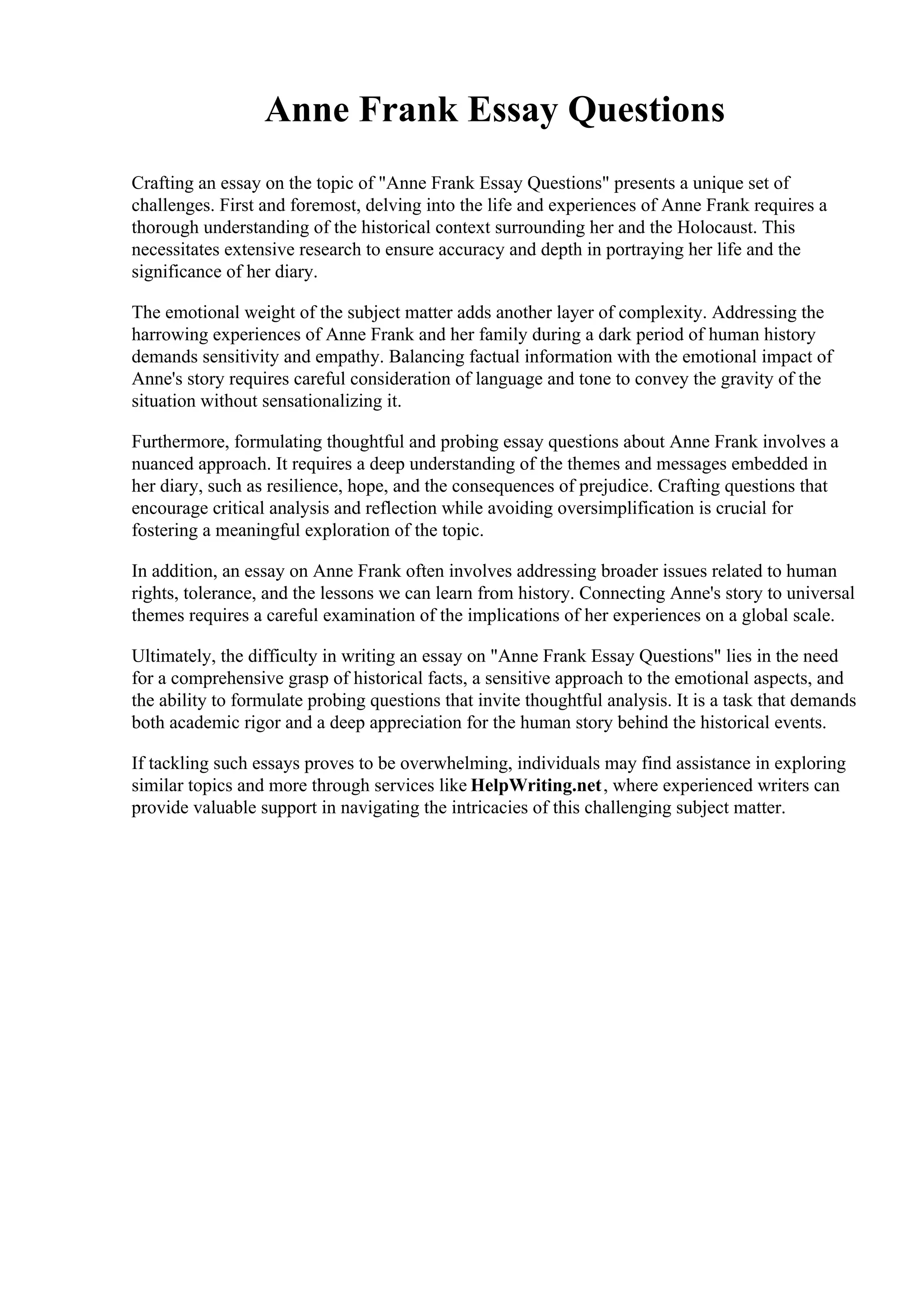 Anne Frank Essay Questions. University of Pittsburgh | PDF