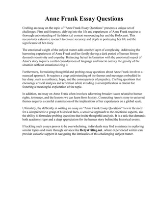 Anne Frank Essay Questions | PDF