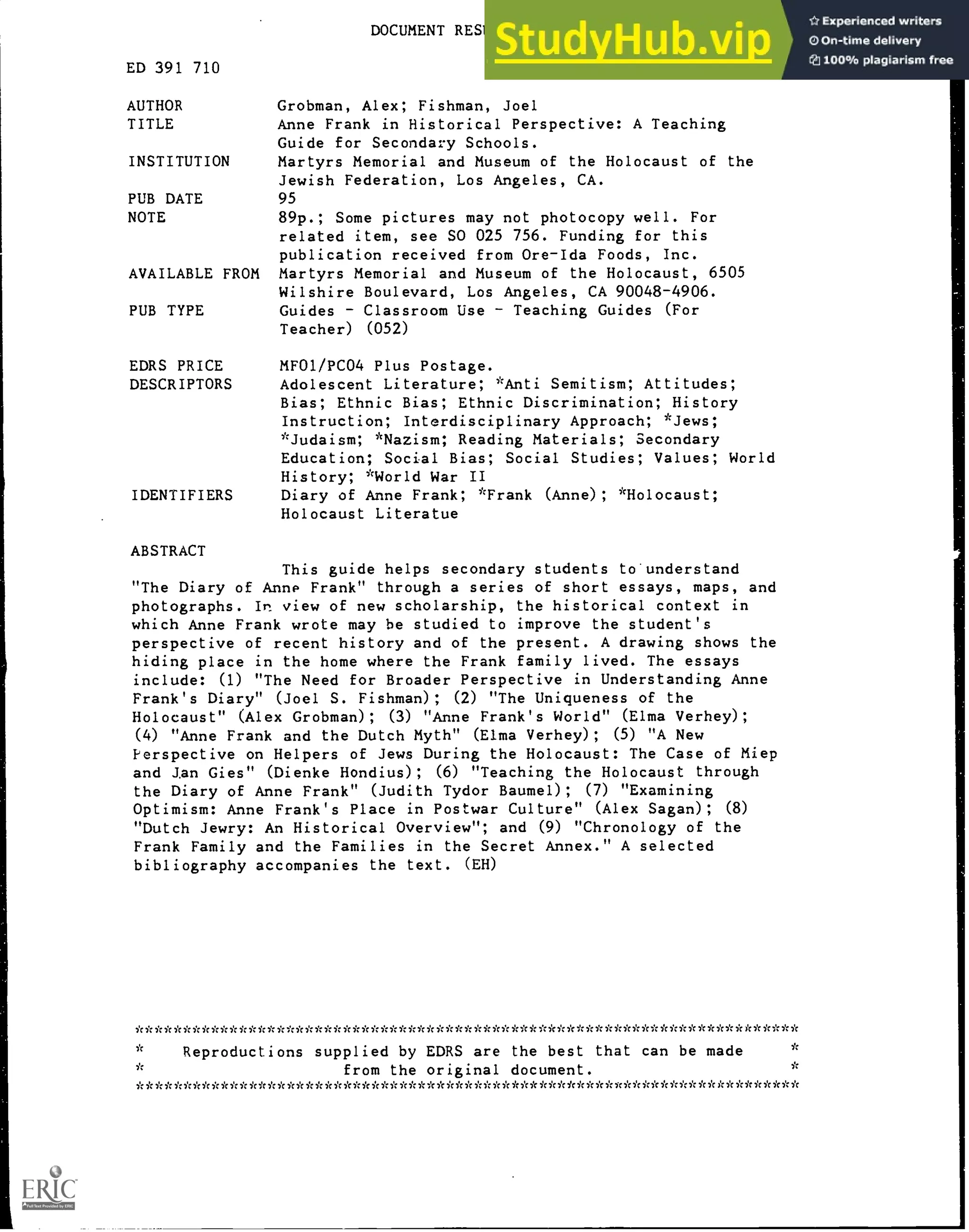 Anne Frank In Historical Perspective A Teaching Guide For Secondary ...