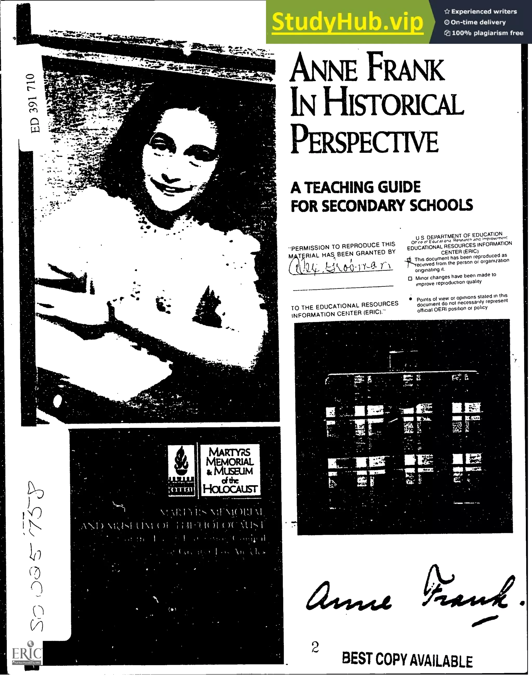 Anne Frank In Historical Perspective A Teaching Guide For Secondary ...