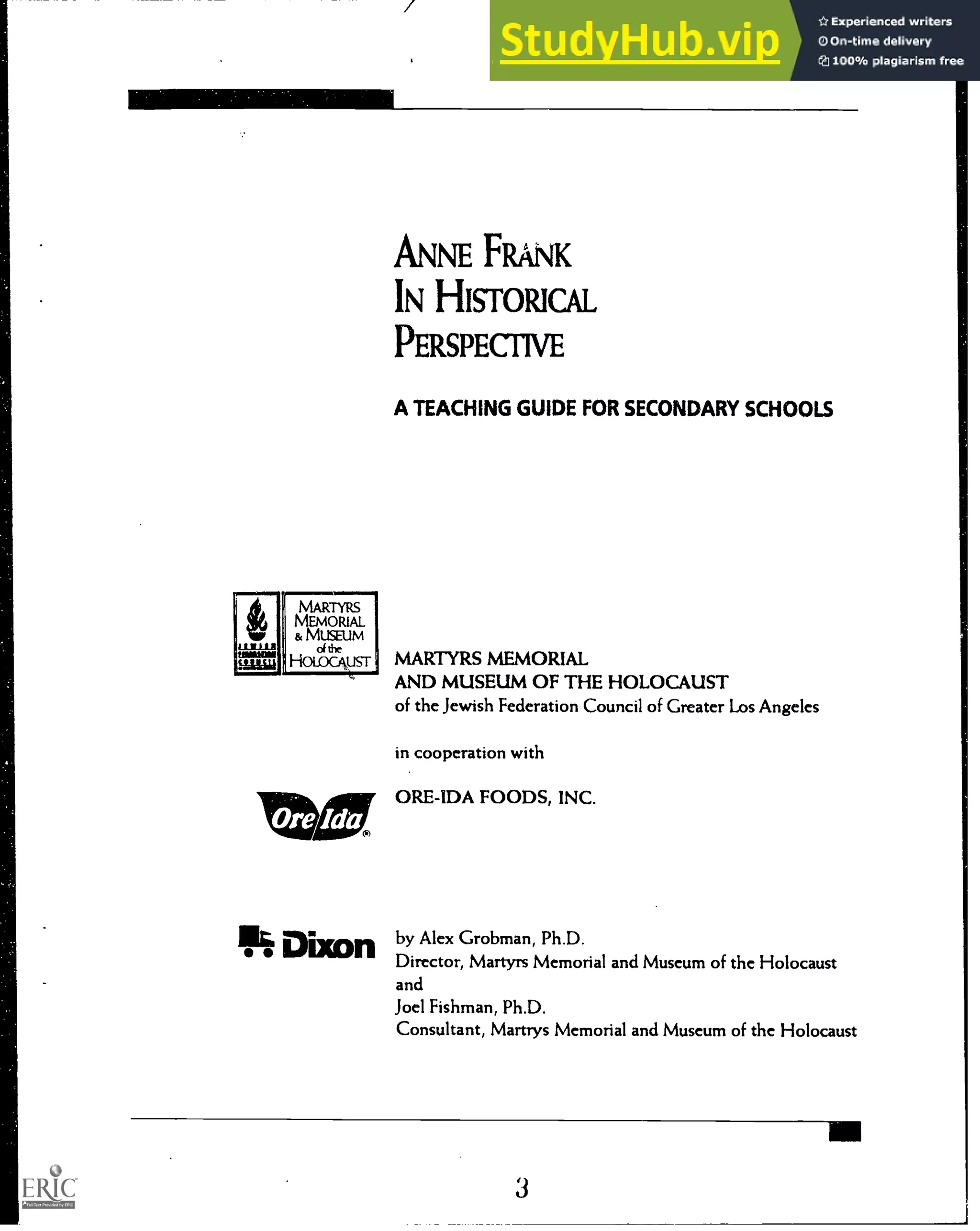 Anne Frank In Historical Perspective A Teaching Guide For Secondary ...