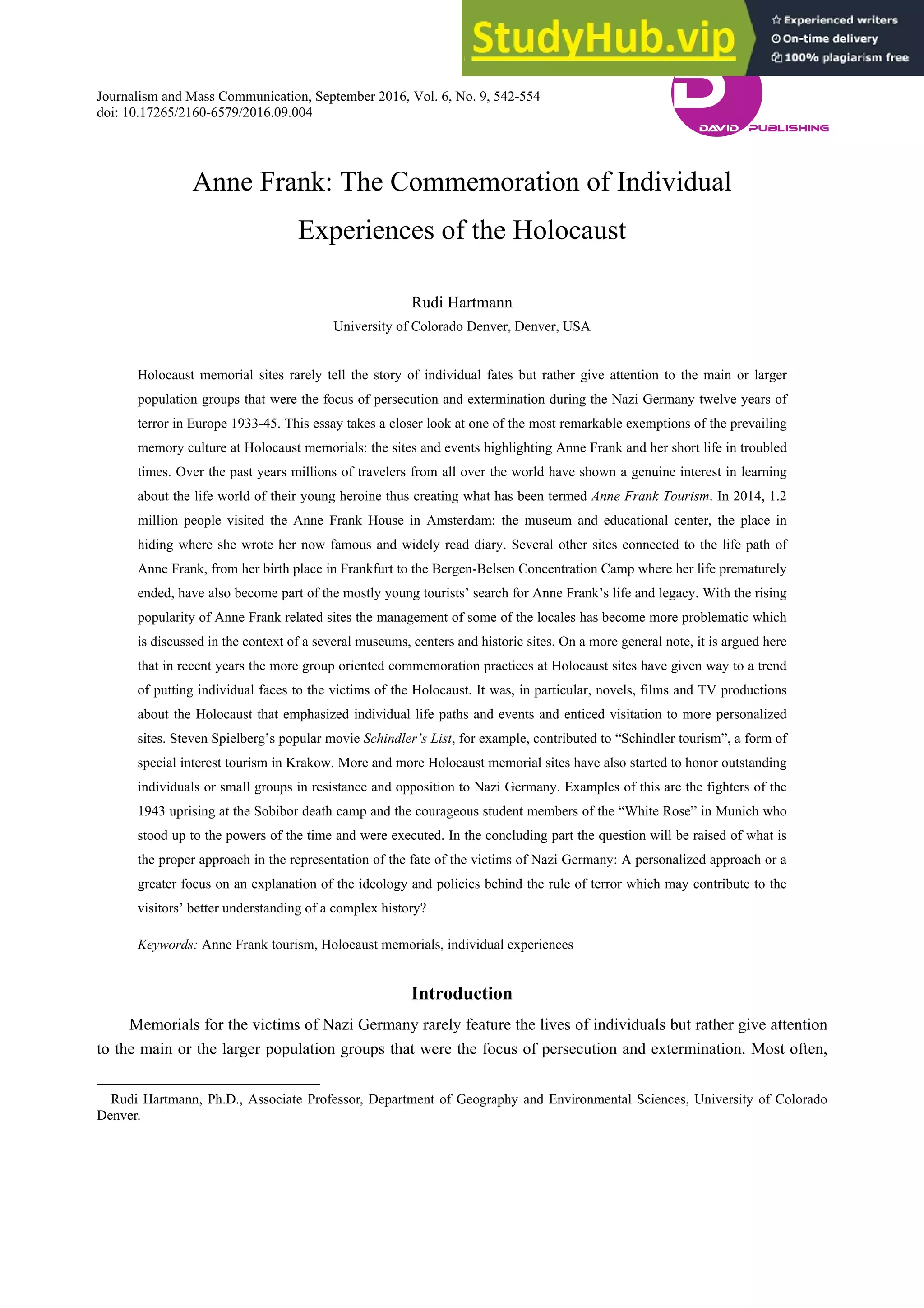 Anne Frank The Commemoration Of Individual Experiences Of The Holocaust ...