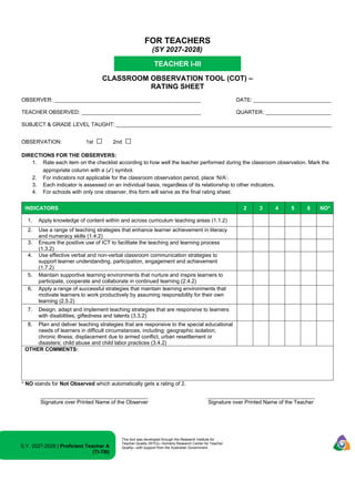 Annex E-2_COT Rating Sheet for Beginning towards Proficient Teacher (TI ...