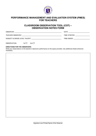 Comprehensive Classroom Observation Tool for Teacher Performance ...
