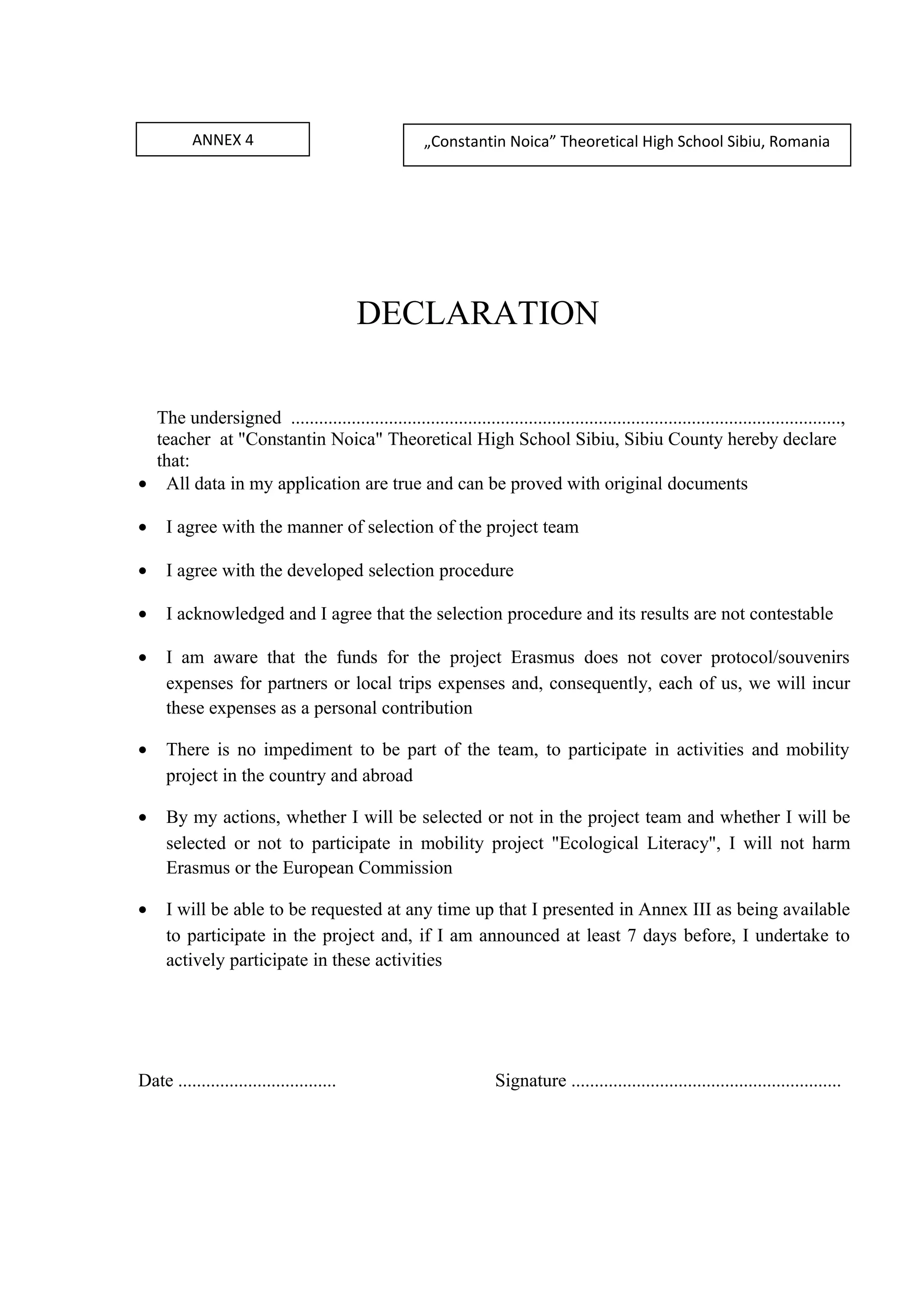 Annex IV - Declaration of Accepting Erasmus Program | DOC