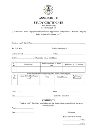 Annexure C study certificate - under article 371 (j) | PDF