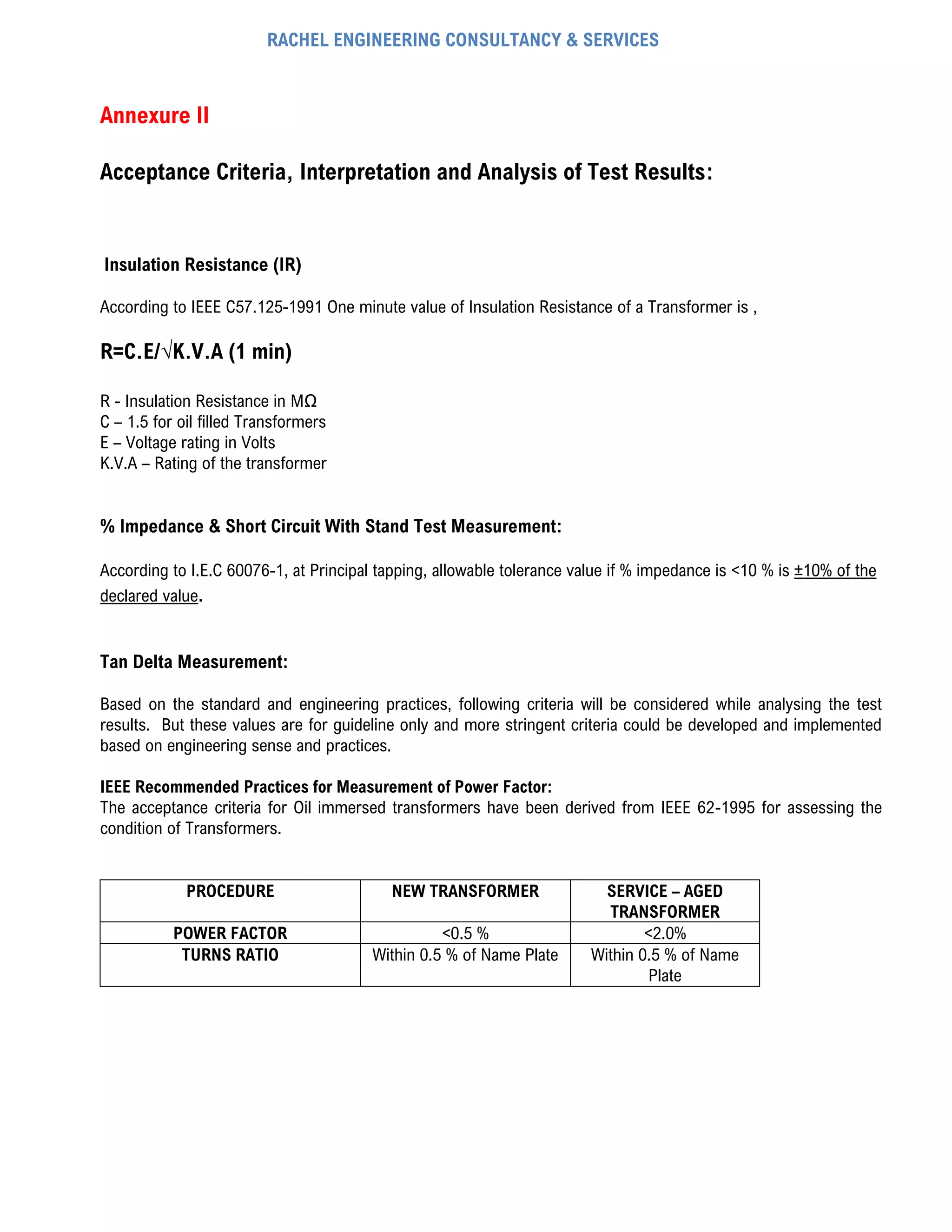 TRANSFORMER TEST acceptance criteria | PDF