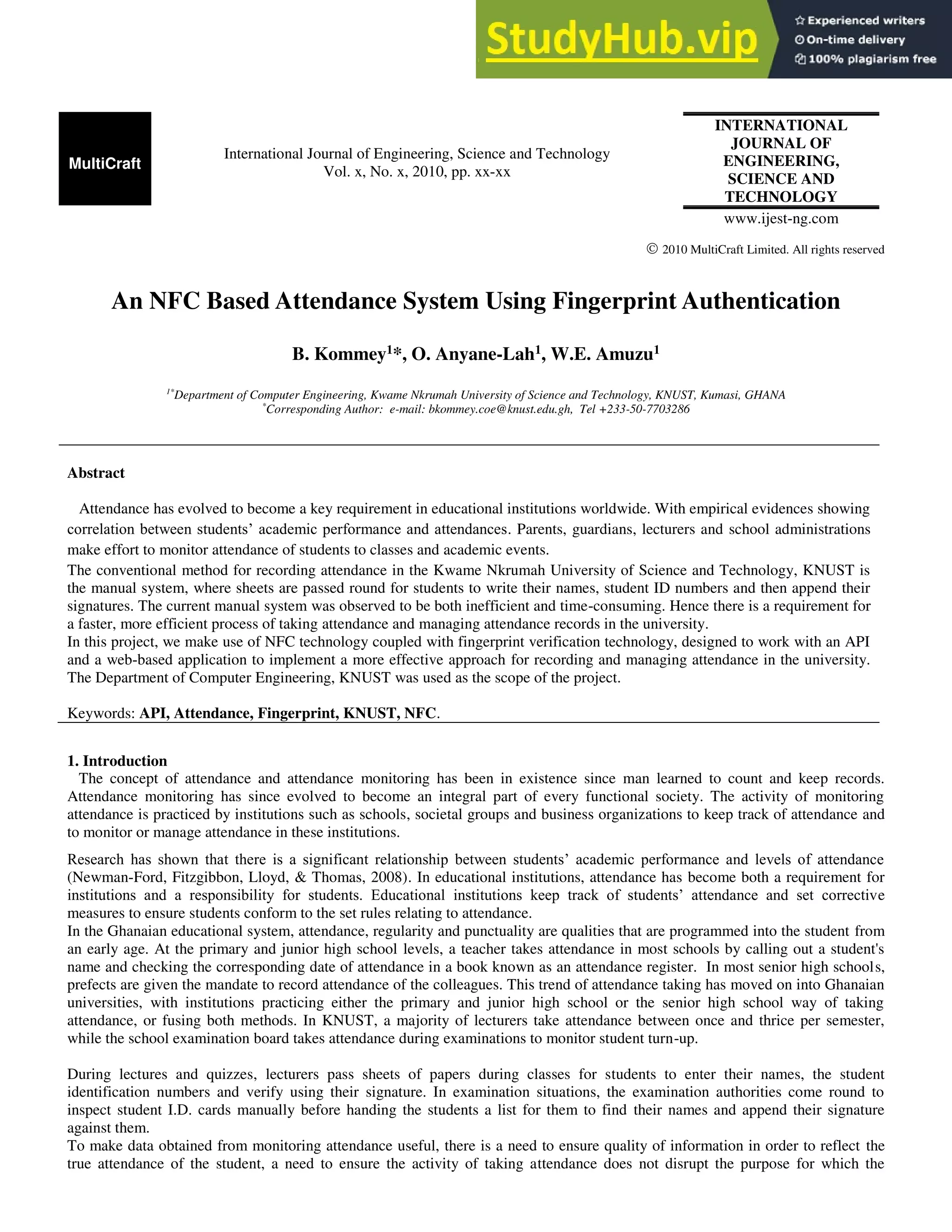An NFC Based Attendance System Using Fingerprint Authentication | PDF