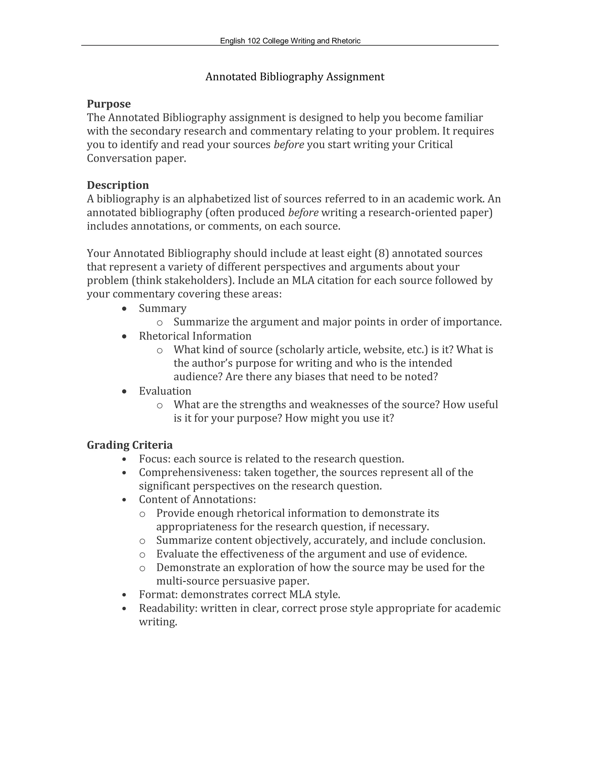 Eng 102H Annotated Bibliography Assignment | PDF