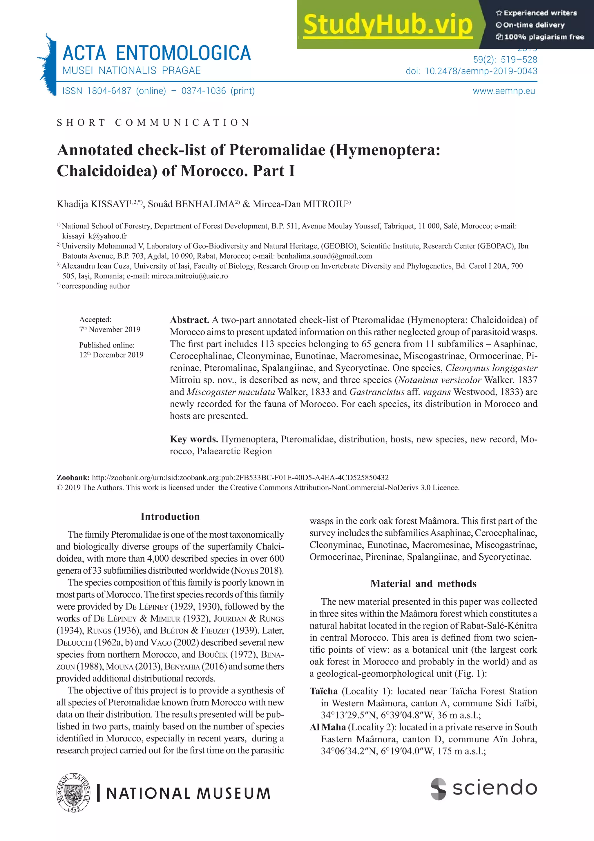 Annotated Check-List Of Pteromalidae (Hymenoptera Chalcidoidea) Of ...