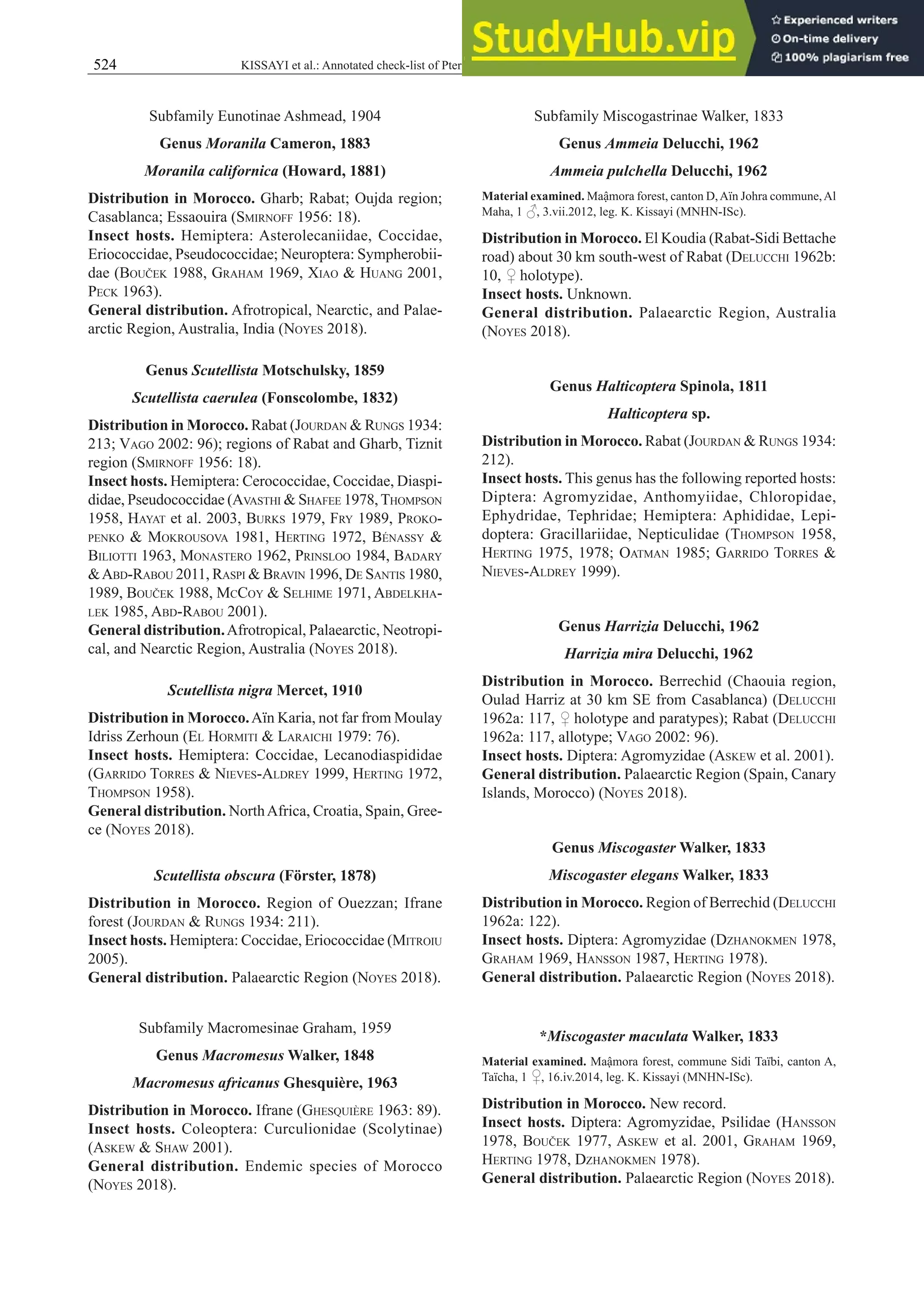 Annotated Check-List Of Pteromalidae (Hymenoptera Chalcidoidea) Of Morocco. Part I | PDF