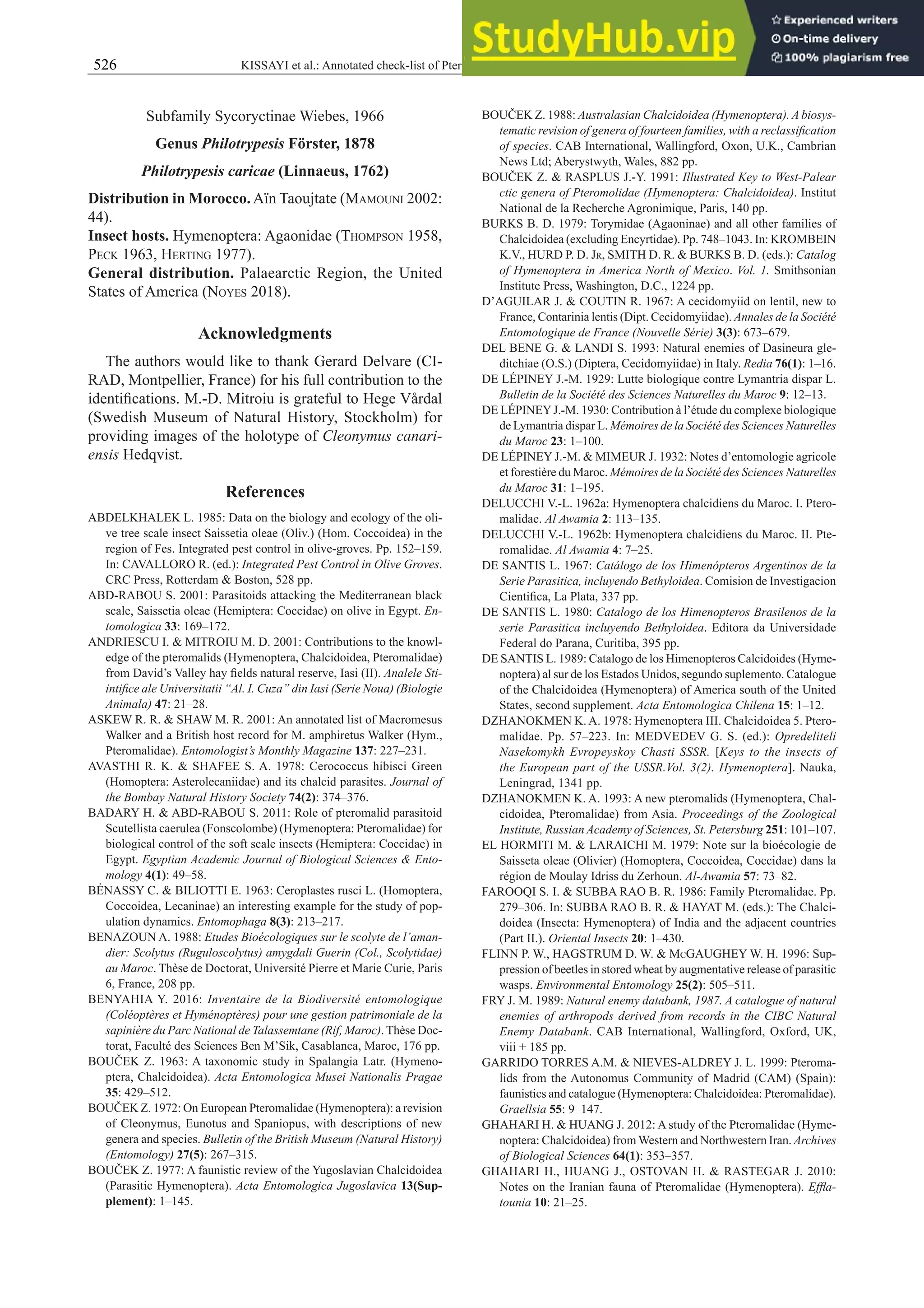 Annotated Check-List Of Pteromalidae (Hymenoptera Chalcidoidea) Of ...