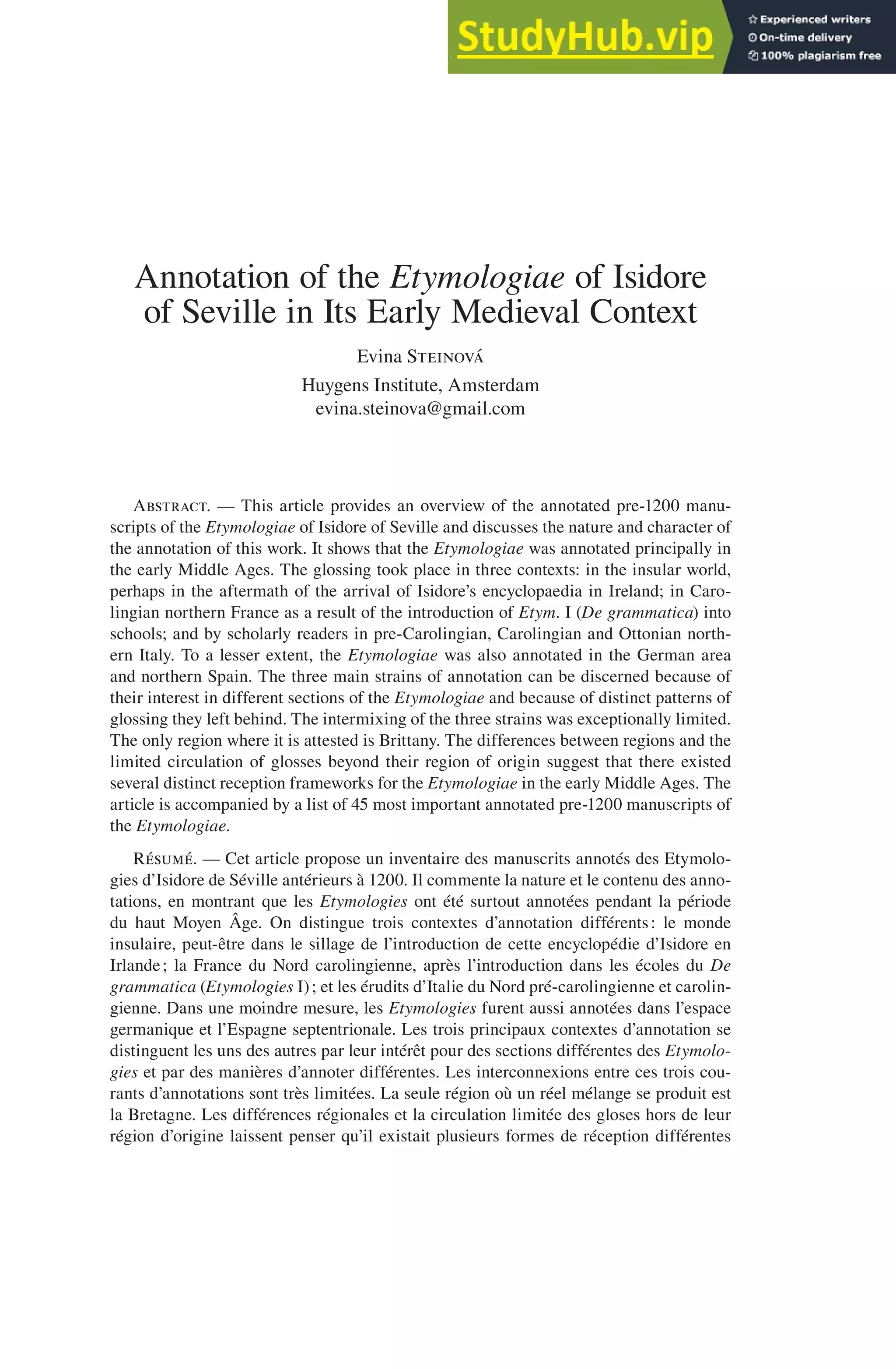 Annotation Of The Etymologiae Of Isidore Of Seville In Its Early Medieval Context ALMA 78 (2020 ...