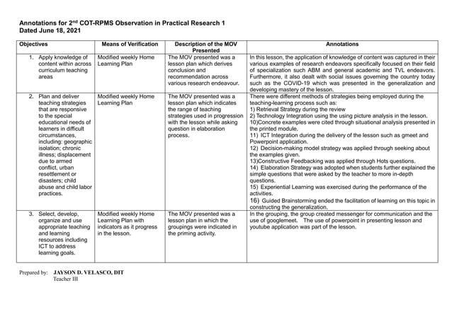 Annotation template for COT Proficient teacher.doc | Educational ...