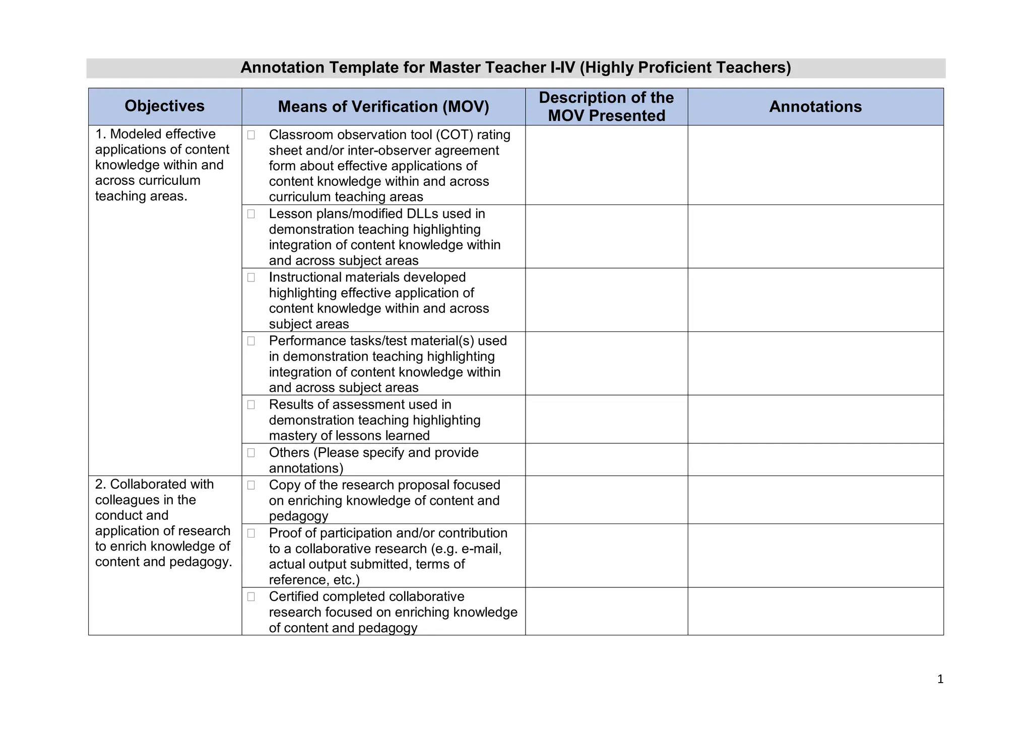AnnotationTemplate_MasterTeacher I TO IV | PDF