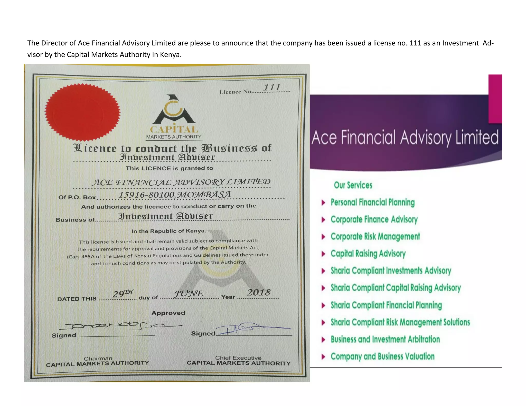Ace Financial Advisory Ltd issued with Investment Advisory License | PPT